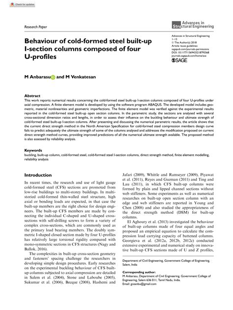 Pdf Behaviour Of Cold Formed Steel Built Up I Section Columns Composed Of Four U Profiles
