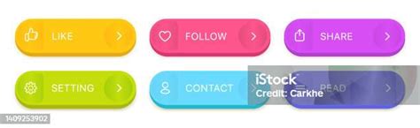 설정 접촉 팔로우 읽기 Ui 모바일 앱 웹 사이트 소셜 미디어 블로그 모바일 게임에 대한 아이콘 공유가있는 3d 플랫 버튼 세트 누름 버튼에 대한 스톡 벡터 아트 및 기타