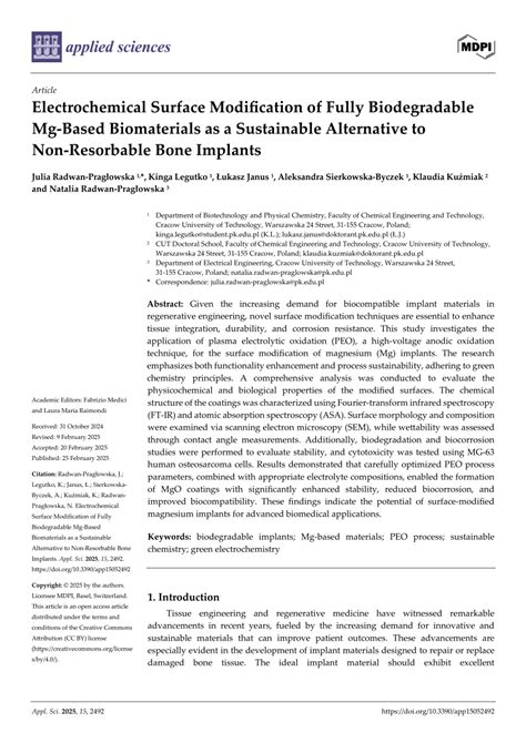 Pdf Electrochemical Surface Modification Of Fully Biodegradable Mg Based Biomaterials As A