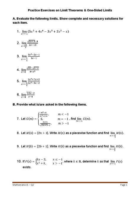 Limit Theorems One Sided Limits Practice Exercises Mathematics 5 Q2