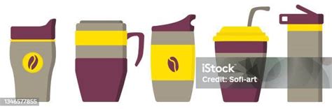 커피와 음료를 위한 보온병 컵 종이 컵 알루미늄 머그잔 물병 벡터 그림은 흰색 배경을 격리합니다 텀블러에 대한 스톡 벡터 아트