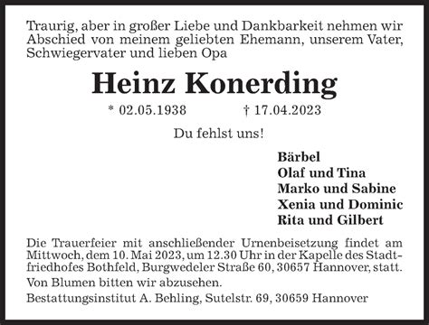 Traueranzeigen Von Heinz Konerding Trauer Anzeigen De