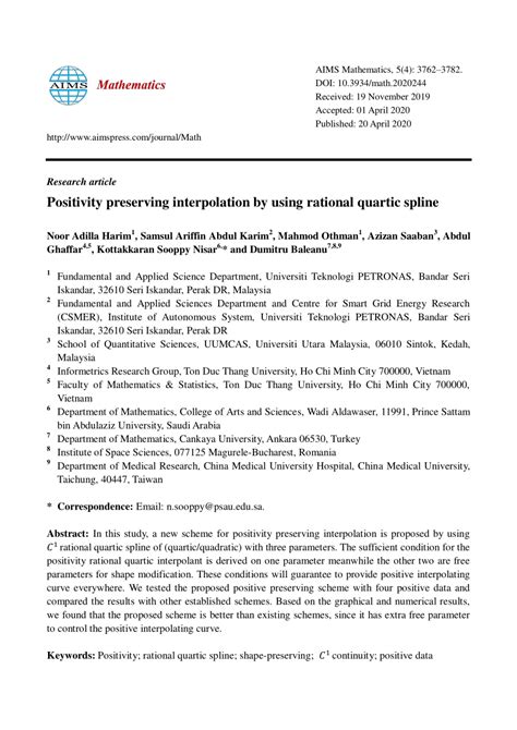 Pdf Positivity Preserving Interpolation By Using Rational Quartic Spline