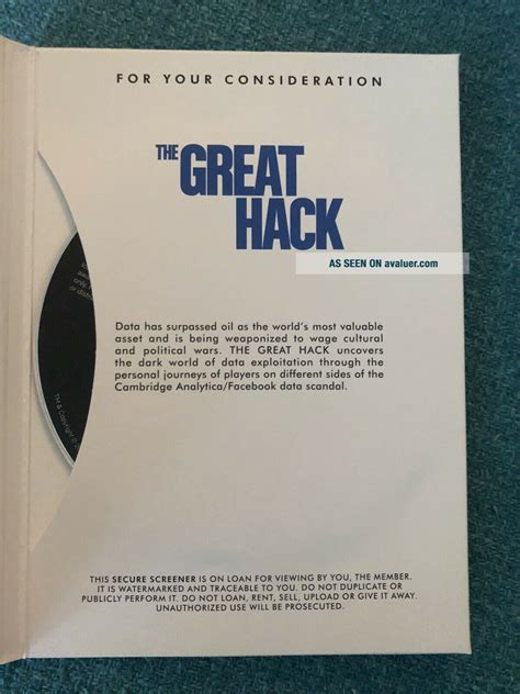 Rare Fyc Dvd The Great Hack Netflix Screener For Your Consideration
