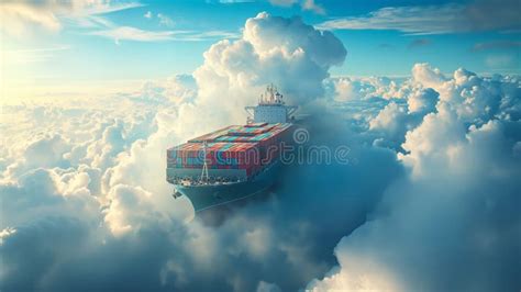 Big Cargo Container Ship Flying In The Sky Among The Clouds Stock