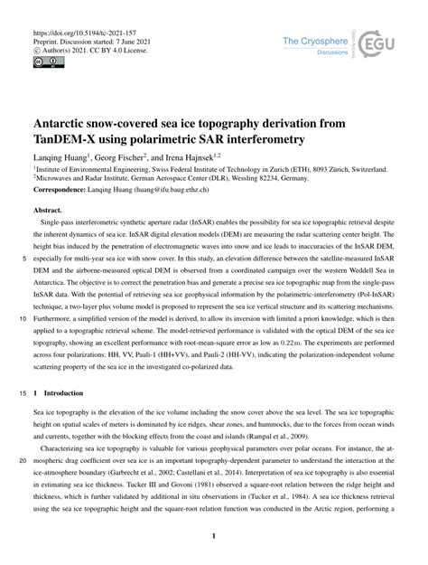 Pdf Antarctic Snow Covered Sea Ice Topography Derivation From Tandem X Using Polarimetric Sar