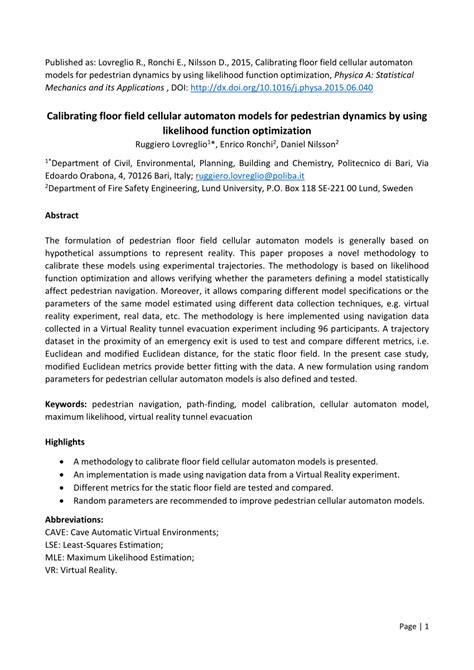 Pdf Calibrating Floor Field Cellular Automaton Models For Pedestrian