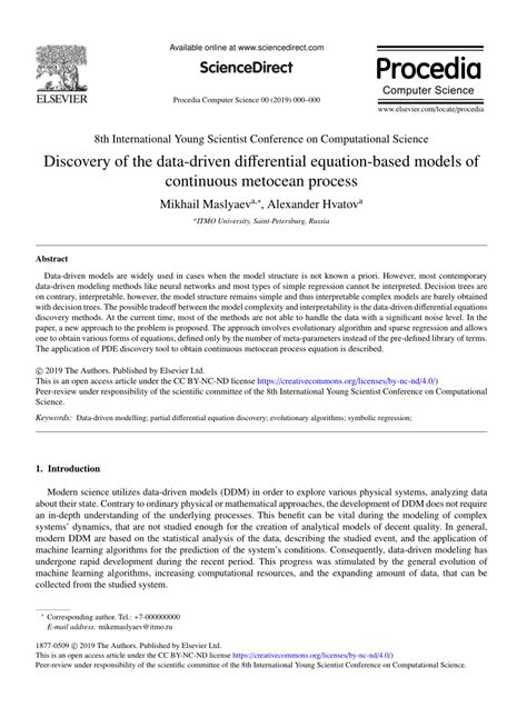 Pdf Discovery Of The Data Driven Differential Equation Based Models Of Continuous Metocean Process