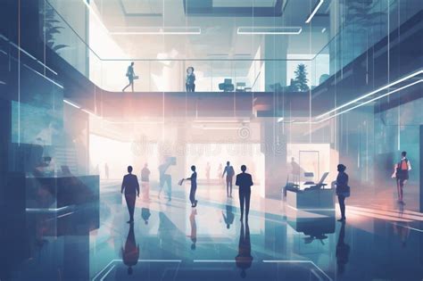 Generative Ai Illustration Of A Modern Office Interior With Busy Business People Walking Around
