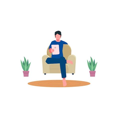 Le Garçon Est Assis Sur Le Canapé Avec Tab Vecteur Premium