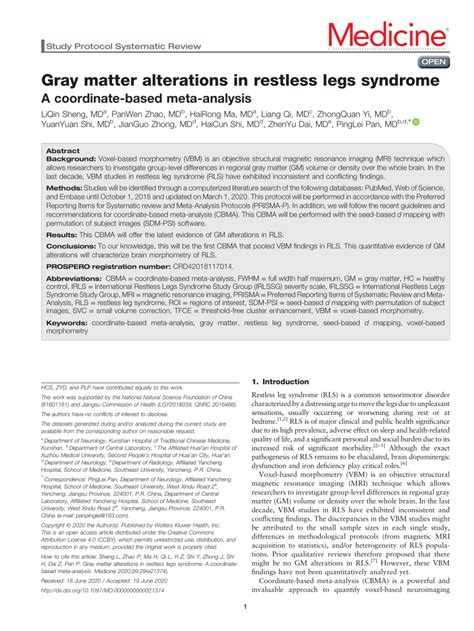 Pdf Gray Matter Alterations In Restless Legs Syndrome A Coordinate Based Meta Analysis