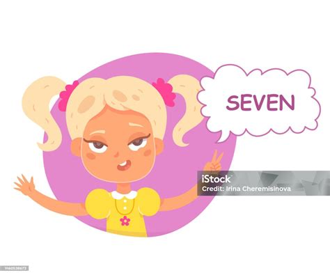 아이는 7 벡터 삽화로 세고 있습니다 만화 고립 귀여운 미취학 소녀 안에 보라색 그림 7 손가락 제스처를 보여 주는 숫자 계산