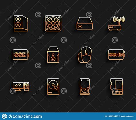 Set Line Computer Monitor Hard Disk Drive Hdd Case Of Computer Optical Disc Sd Card