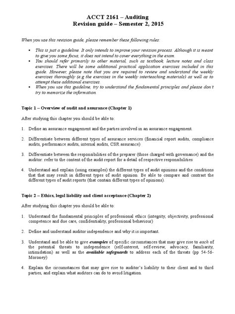 Acct 2161 Auditing Revision Guide Semester 2 2015 Topic 1 Overview Of Audit And