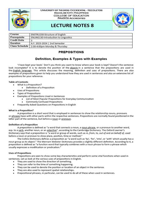 Enstru230 Lecture Notes 8 Prepositions 1 Pdf Noun Preposition And Postposition