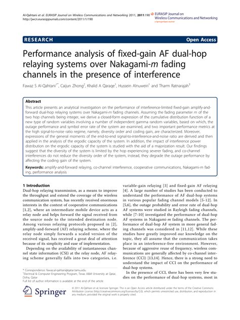 Pdf Performance Analysis Of Fixed Gain Af Dual Hop Relaying Systems