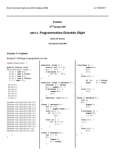 Examen Corrigé Programmation Orientée Objet Ecole Nationale Supérieure Dinformatique Esi Le
