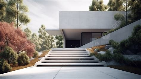 고요한 풍경 산책로와 계단 3d 렌더링이 있는 미니멀리즘 집 3d 집 집 외관 외관 디자인 배경 일러스트 및 사진 무료