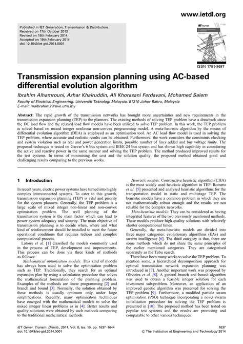 Pdf Transmission Expansion Planning Using Ac Based Differential Evolution Algorithm
