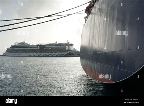 Transom Plate Or Stern Of Container Vessel And Cruise Ship Aida Diva Of Sphinx Class Moored