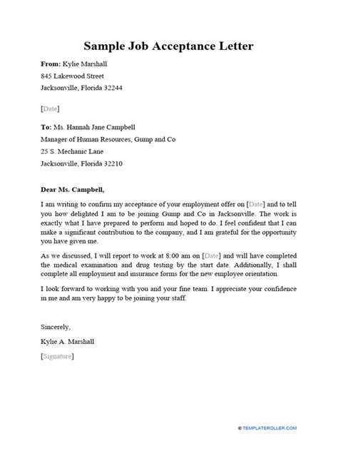 Main Sample Job Acceptance Letter Pdf