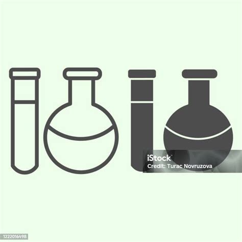 화학 물질 라인 및 솔리드 아이콘 실험실 플라스크 및 액체와 테스트 튜브 흰색 배경에 스타일 그림을 윤곽 모바일 개념 및 웹