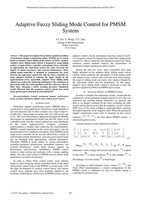 PDF Adaptive Fuzzy Sliding Mode Control For PMSM System
