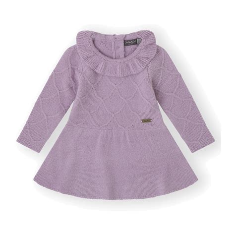 Детска плетена рокля с кръгла яка в нежно лилаво Точици