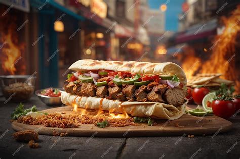 불에 튀긴 큰 샤와마 케밥 길거리 음식 샌드위치 자이로 신선한 라바쉬 롤 피타 빵 닭고기 쇠고기 샤와마 3d 그림 프리미엄 사진