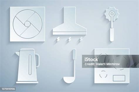 세트 키친 국자 피자 나이프 손잡이주전자 전기 스토브 추출기 팬 및 환기 아이콘 벡터 부엌에 대한 스톡 벡터 아트 및 기타 이미지 Istock