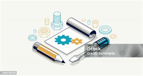 기계 공학 프로젝트 실시 개념 엔진 초안 계획 도면 및 작업 진행 기어 도구 및 연필 3d 등각 벡터 그림이있는 종이 시트 3차원 형태에 대한 스톡 벡터 아트 및 기타