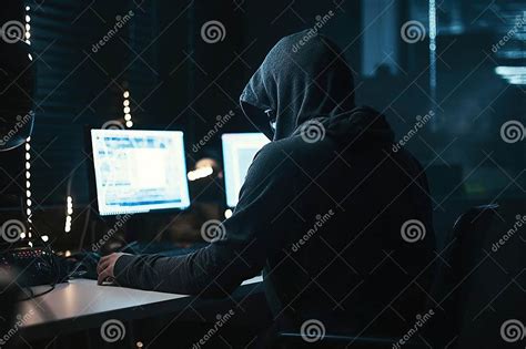 hacker in dark room with computer screens at night stock illustration