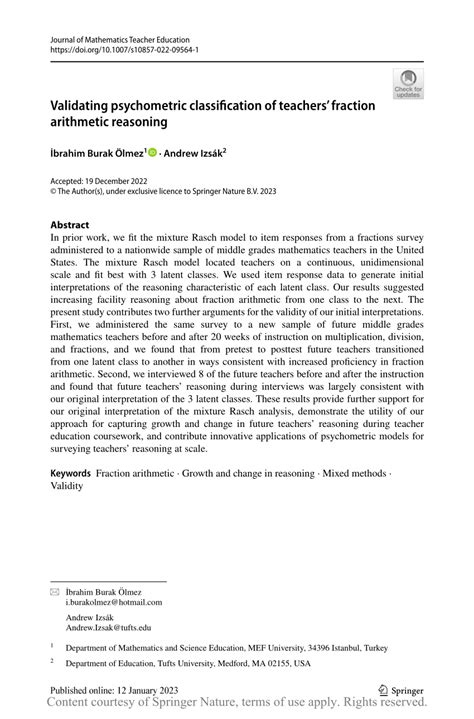 Validating Psychometric Classification Of Teachers Fraction Arithmetic Reasoning Request Pdf