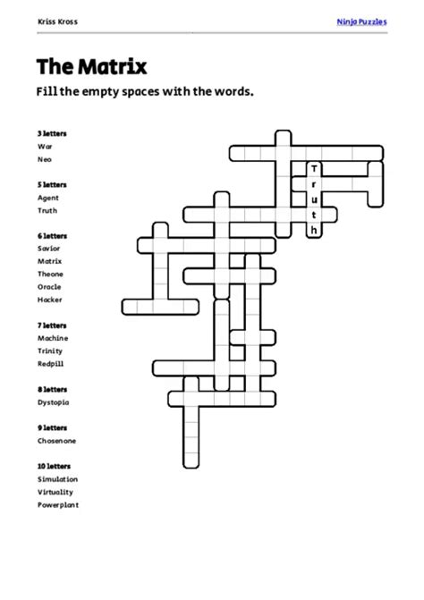 Free The Matrix Kriss Kross Puzzle Free Printable Pdf