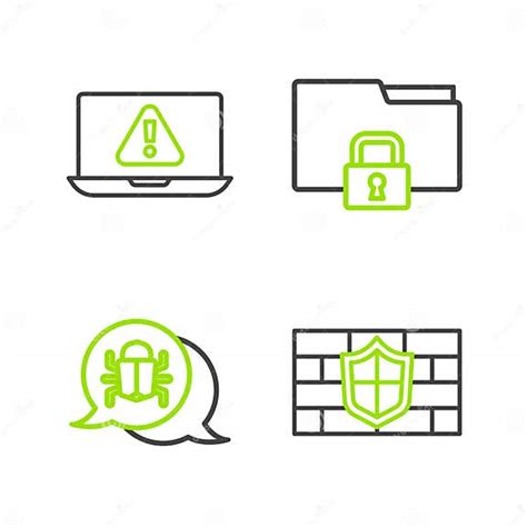 Set Line Shield With Brick Wall System Bug Folder And Lock And Laptop Exclamation Mark Icon
