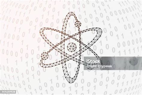 원자 3d 바이너리 코드 배경과 낮은 폴리 기호 원자 중성자 디자인 벡터 일러스트레이션 연결된 점이 있는 분자 다각형 기호 0