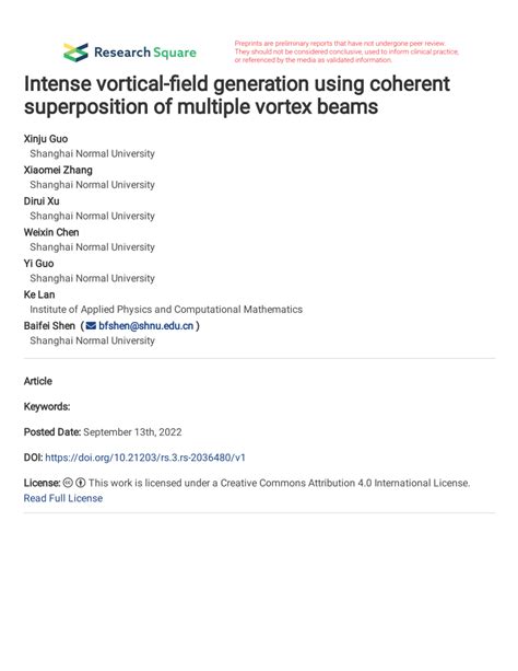Pdf Intense Vortical Field Generation Using Coherent Superposition Of