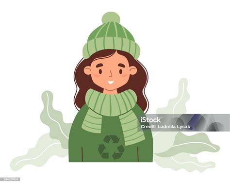 재활용 소재로 만든 세련된 겨울 니트를 입은 귀여운 소녀 친환경 의류 지속 가능한 패션 재활용 및 환경 보호 개념 생태학 라이프 스타일 벡터 일러스트 레이 션 가공의 인물에