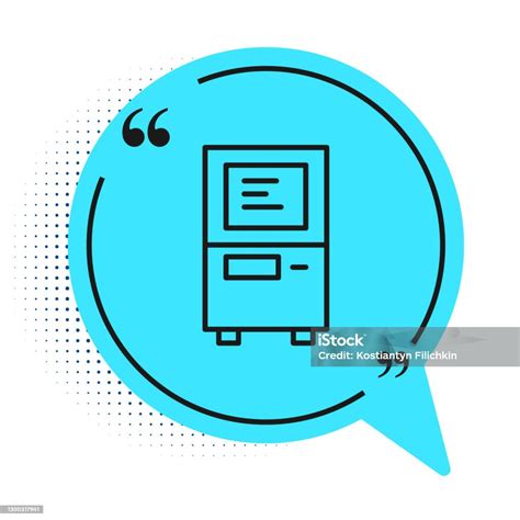 블랙 라인 Atm 흰색 배경에 격리 된 자동 점사 기계 아이콘 파란색 음성 버블 기호입니다 벡터 검은색에 대한 스톡 벡터 아트