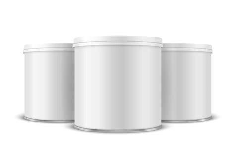 3 벡터 3d 현실적인 빈 흰색 검은 금속 깡통 뚜껑 통조림 식품 감자 칩 포장 세트 흰색 배경에 고립 된 작은 크기 디자인 서식 파일 이랑 전면 보기 프리미엄 벡터