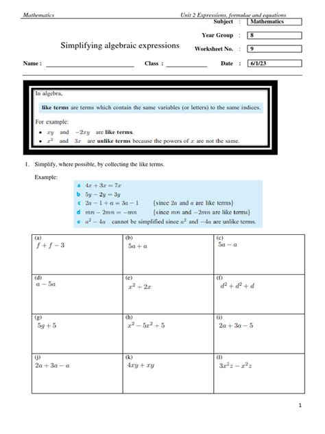 Simplifying Algebraic Expressions Pdf Algebra Mathematics