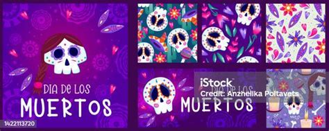 Muertos 포스터 세트 보라색 배경에 두개골로 죽은 날 할로윈 의상 만화 벡터 일러스트레이션 홀리데이 뮤에르토스 배경 멕시코