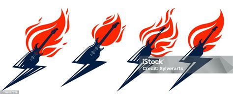 불에 번개의 모양의 일렉트릭 기타 불꽃의 뜨거운 록 음악 하드 록 또는 록 앤 롤 콘서트 또는 축제 레이블 나이트 클럽 라이브 쇼 밴드 공연 벡터 로고 세트 T 셔츠에 대한