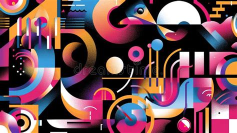 Colorful Geometric Abstract Artwork Featuring Dynamic Shapes And Vibrant Patterns On A Dark