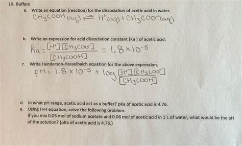 Solved 10 Buffers Write An Equation Reaction For The