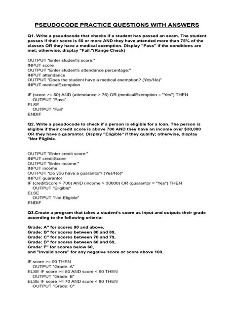 Pseudocode Practice Questions With Answers Pdf Computer Programming
