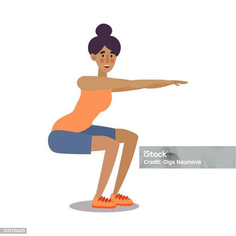 체육관에서 쪼그리고 운동을하고 피트니스 트레이너 소녀 플랫 만화 스타일의 벡터 일러스트레이션 쭈그리고 앉기에 대한 스톡 벡터