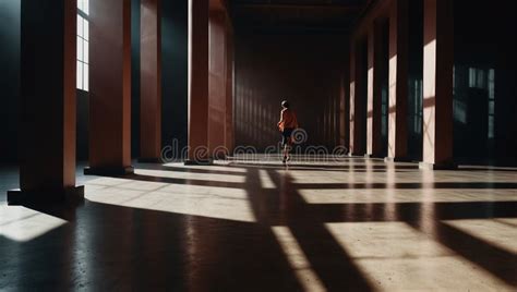 Dancing Woman Amid Columns Play Of Light And Shadow In Elegant Dance Performance Stock
