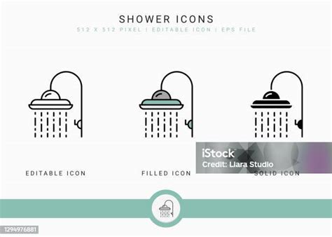 샤워 아이콘은 아이콘 라인 스타일로 벡터 일러스트레이션을 설정합니다 샤워 스프링클러 욕실 개념 물에 대한 스톡 벡터 아트 및