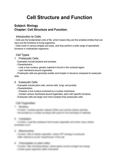 SOLUTION Cell Structure And Function Notes Studypool